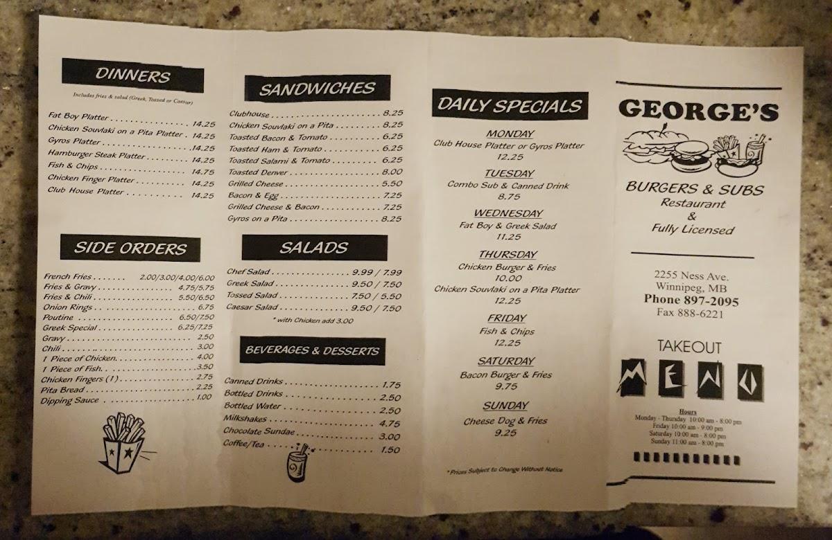 Menu at George's Burgers & Subs restaurant, Winnipeg, Ness Ave