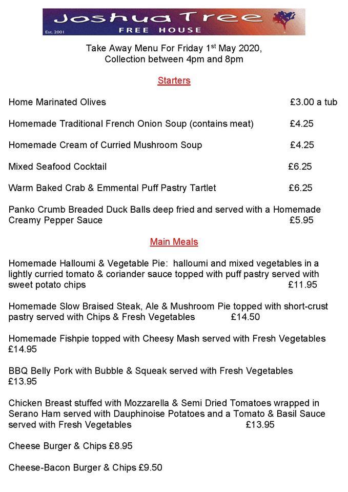 Menu at The Joshua Tree restaurant, Redhill