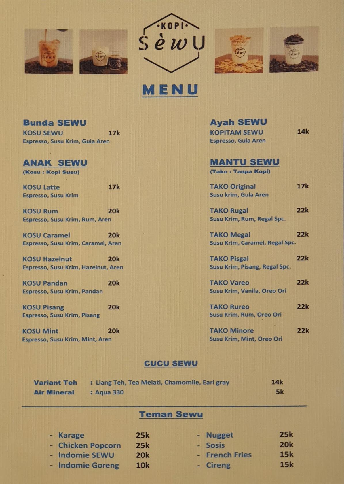 Menu at KOPI SEWU cafe, West Jakarta, Jl. Kembangan Utara No.88