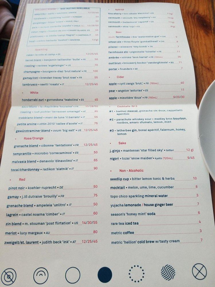 Menu at Parachute restaurant, Chicago