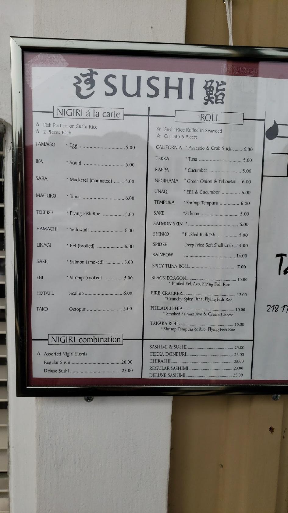 Menu at Takara Sushi Japanese Restaurant, Pacific Grove