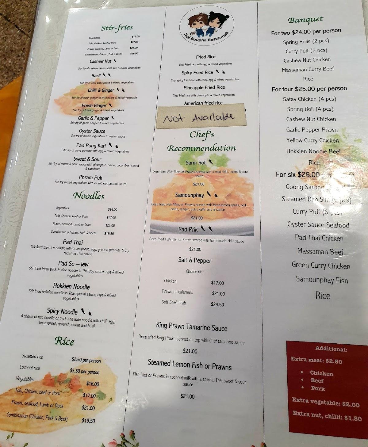 Menu at Thai Boupha fast food, Springfield Lakes