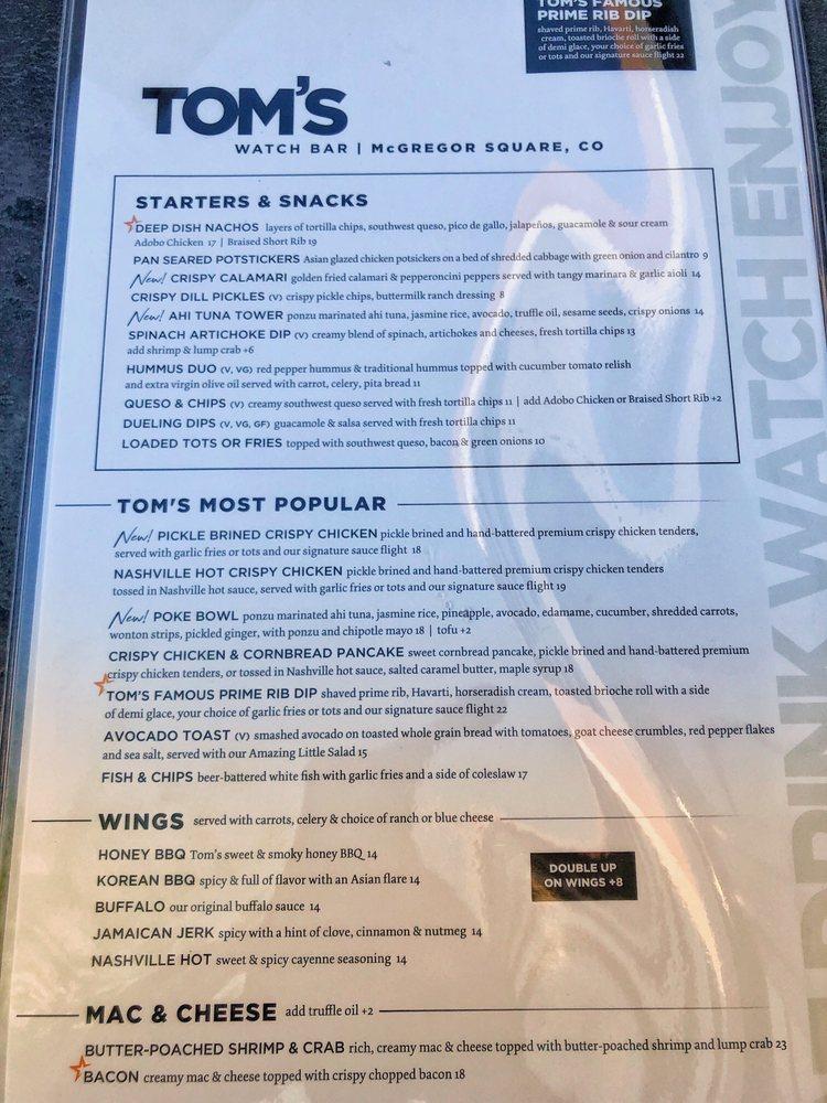 Menu at Tom's Watch Bar - Coors Field, Denver
