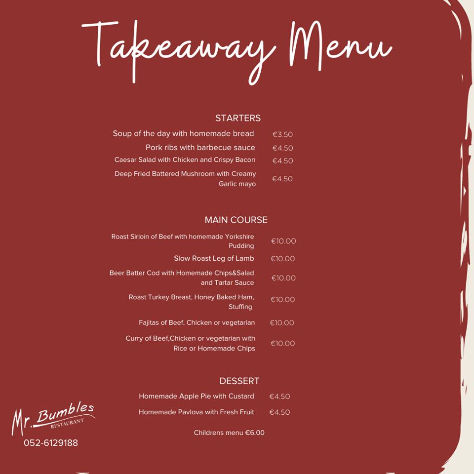 Menu at Mr Bumbles restaurant, Clonmel, Richmond Mill