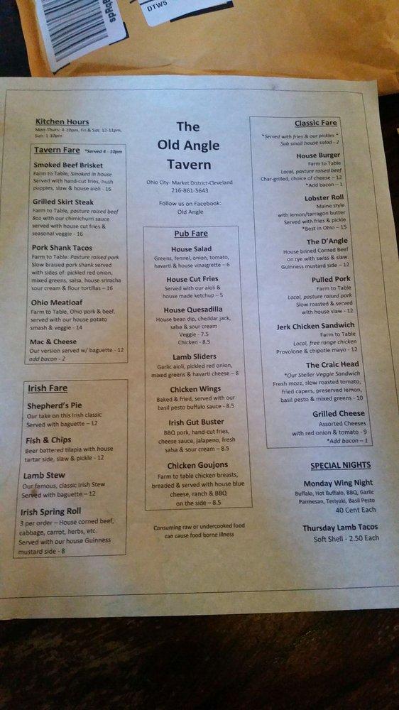 Menu at Old Angle Tavern pub & bar, Cleveland