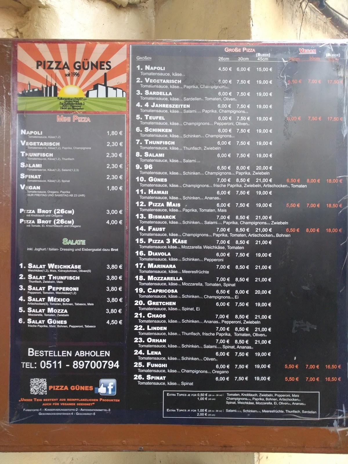 Menu at Pizza Günes, Hanover
