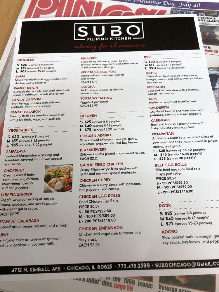 Menu at SUBO Filipino Kitchen restaurant, Chicago