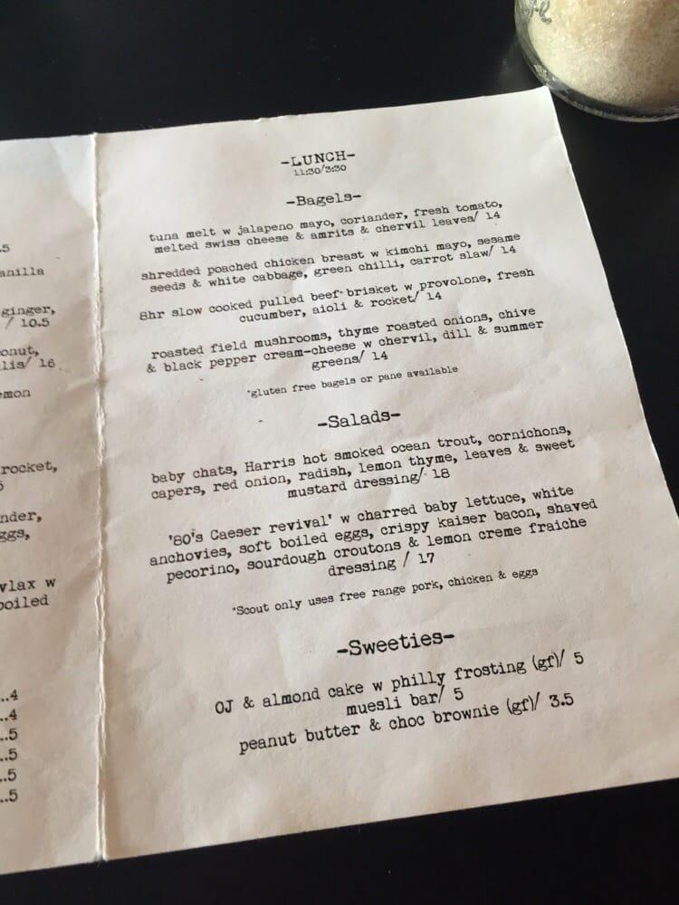 Menu at Scout Cafe, Brisbane City