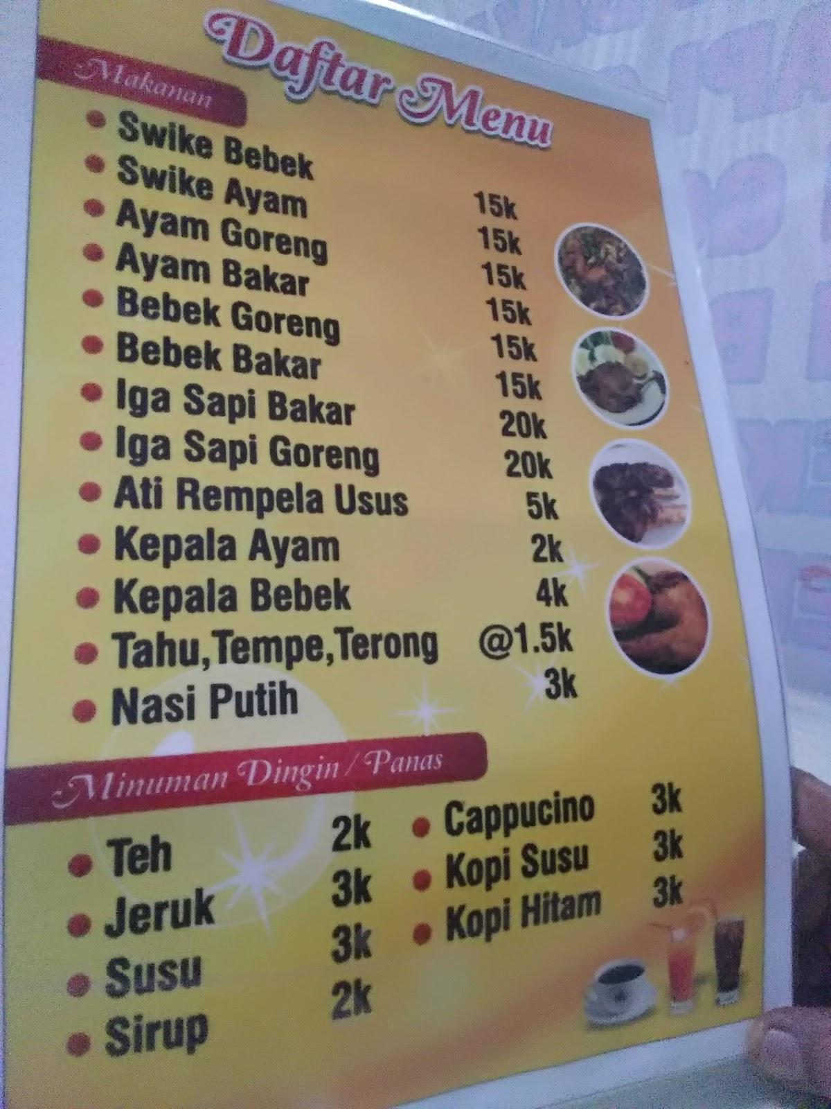 Menu at Swike bebek simpang restaurant, Pati