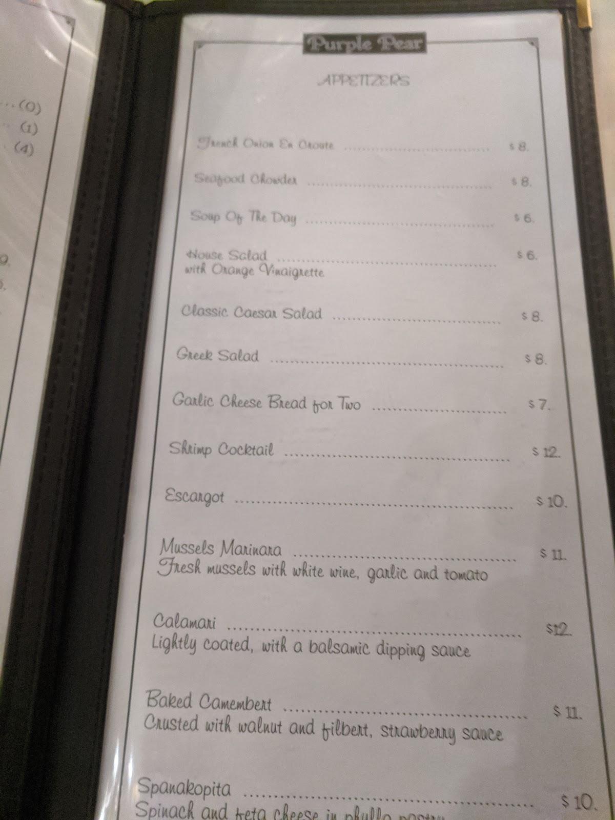 Menu at The Purple Pear steakhouse, Hamilton
