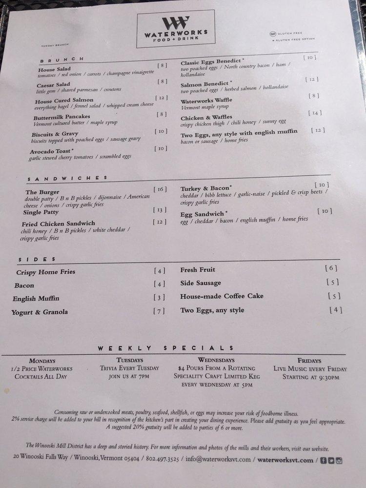 Menu at Waterworks Food + Drink pub & bar, Winooski