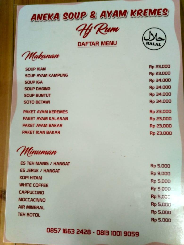 Menu at Aneka Sop & Ayam Kremes Hj. Rum restaurant, Tangerang