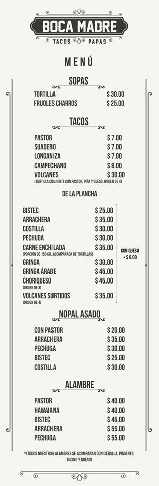 Carta del restaurante Boca Madre, Ciudad del México