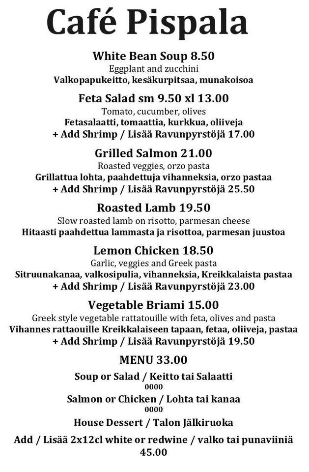 Carta de Café Pispala, Tampere, Pispankatu 30