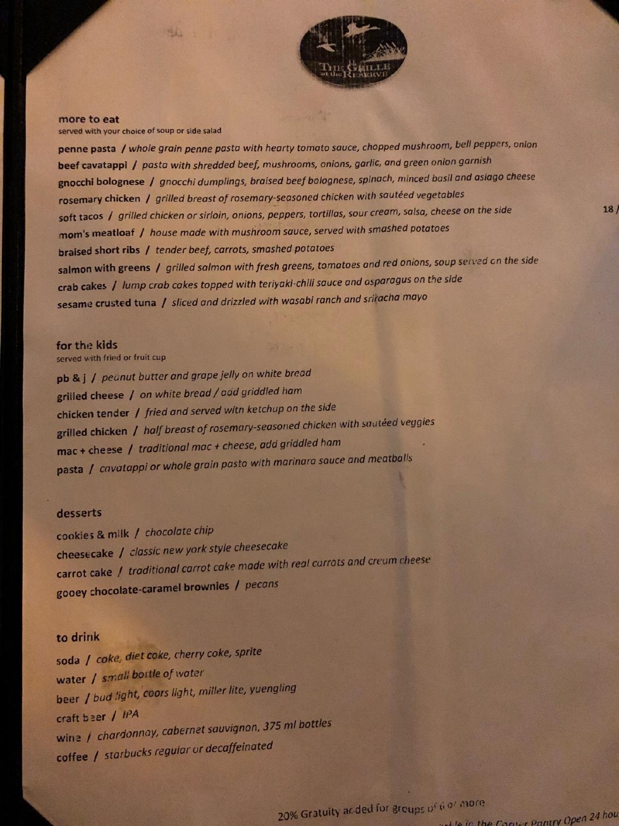 Menu at Grille At The Reserve restaurant, Philadelphia