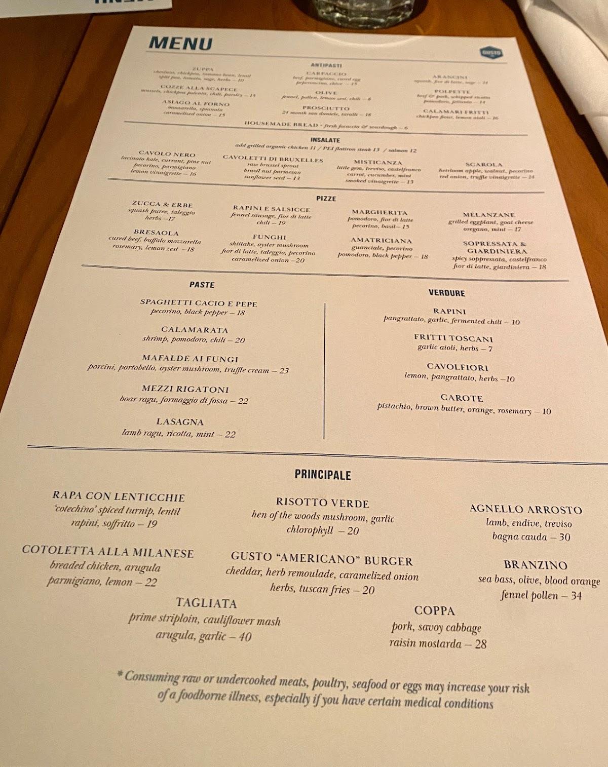 Menu at Gusto 501 restaurant, Toronto