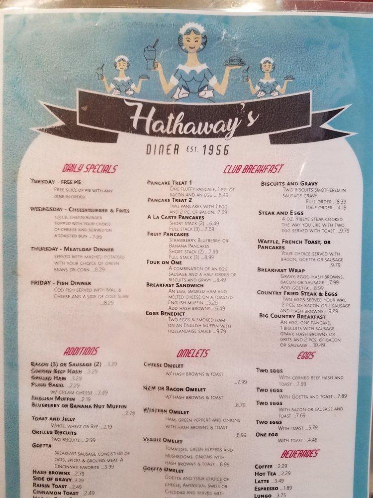Menu at Hathaway's Diner restaurant, Cincinnati