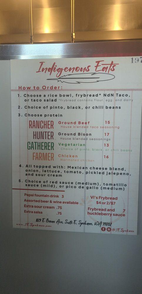 Menu at Indigenous Eats restaurant, Spokane, 829 E Boone Ave Suite E