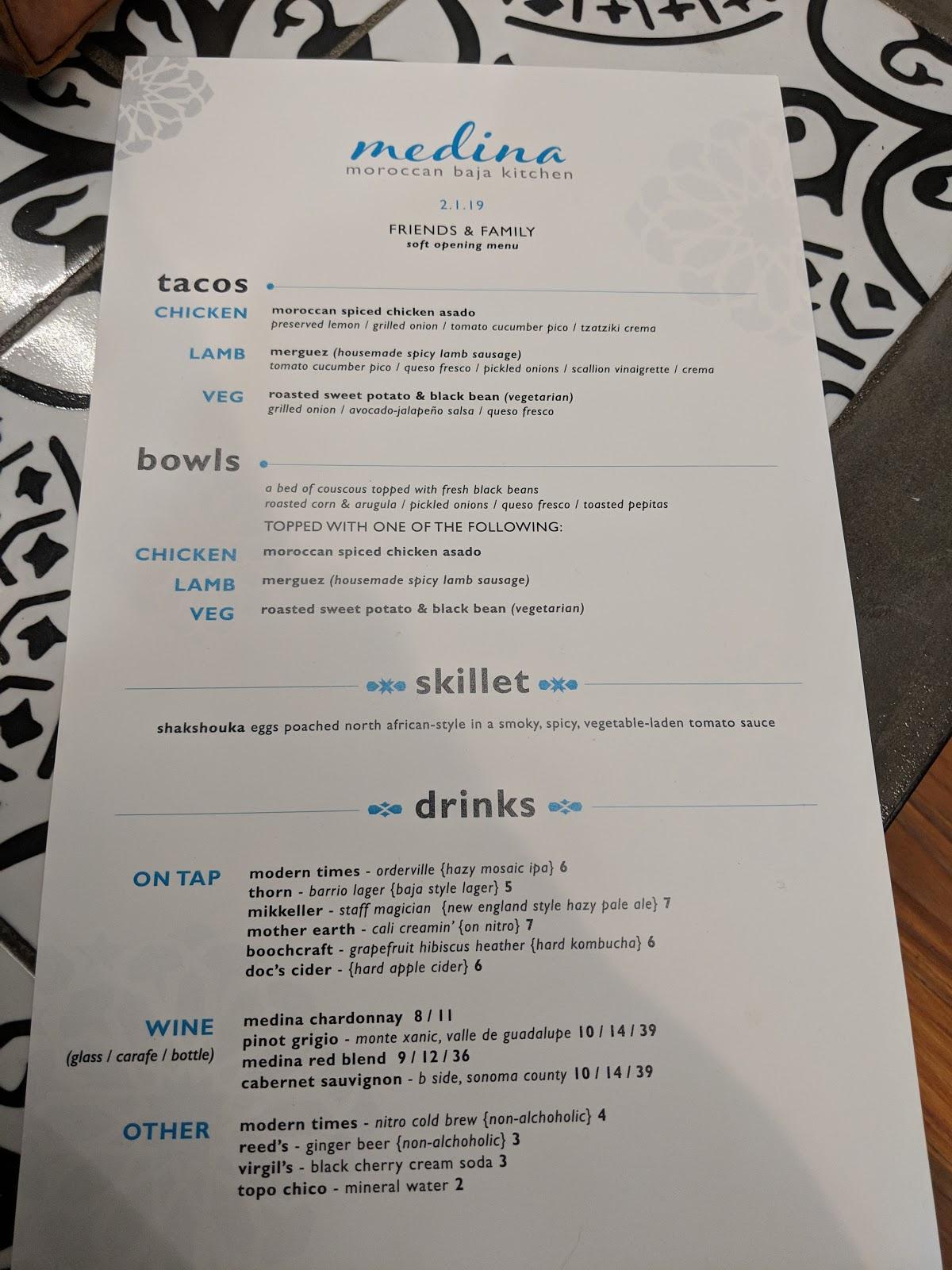 Menu at Medina restaurant, San Diego