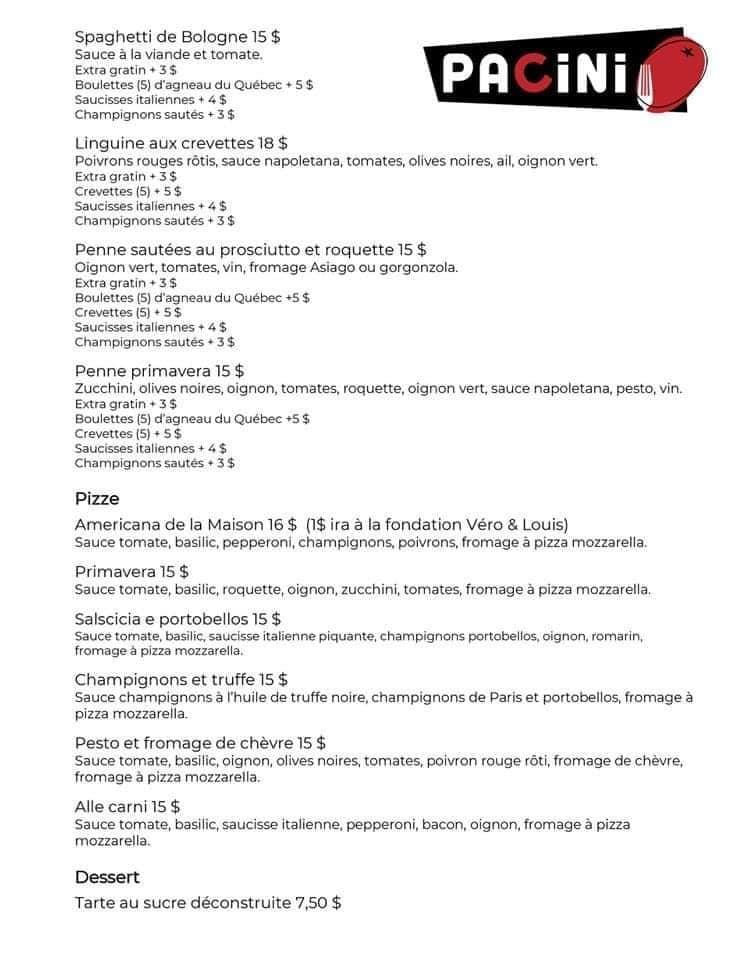 Menu au Pacini Sherbrooke restaurant, Sherbrooke