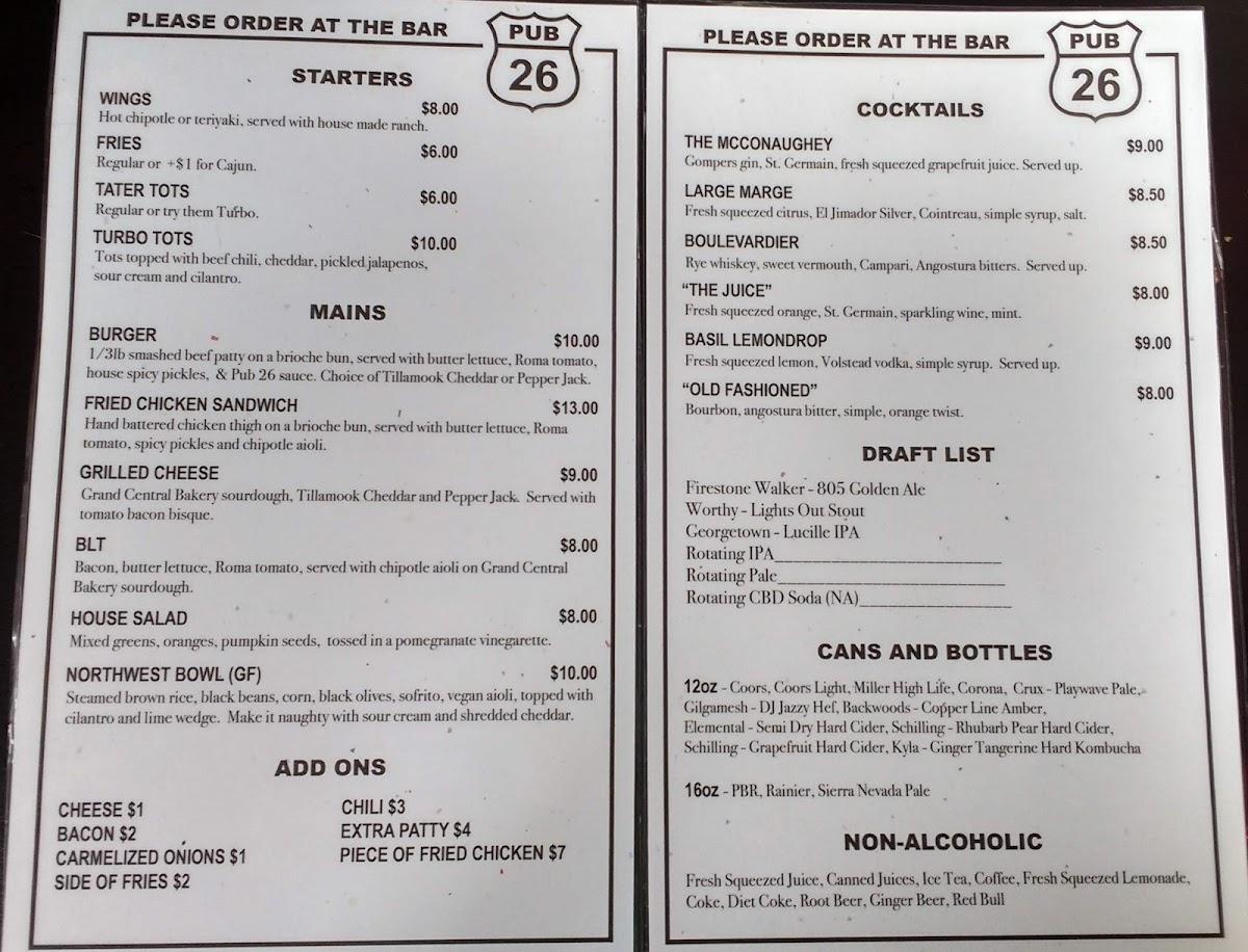 Menu at Pub 26, Mount Hood Village