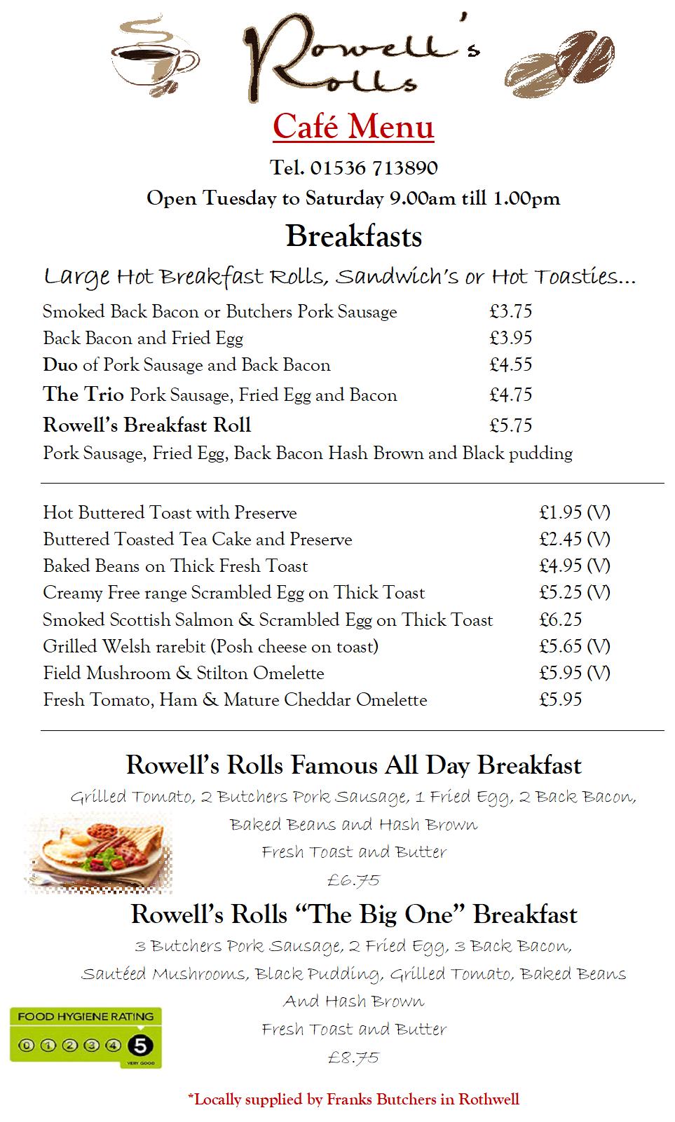 Menu at Rowell's Rolls cafe, Rothwell