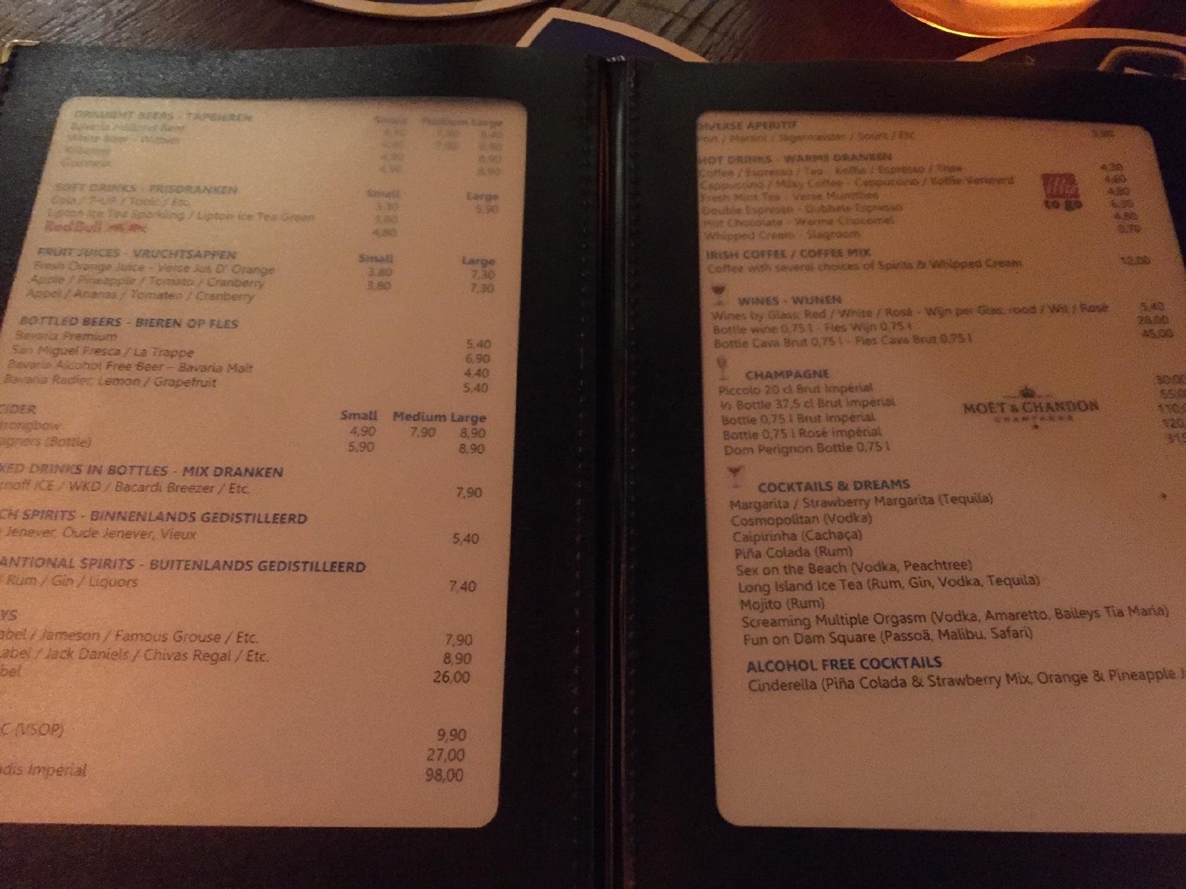 Menu at Yip Fellows, Amsterdam