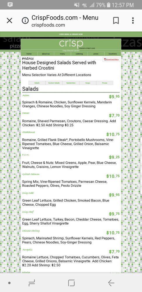 Menu at crisp restaurant, Charlotte, 320 S Tryon St #120