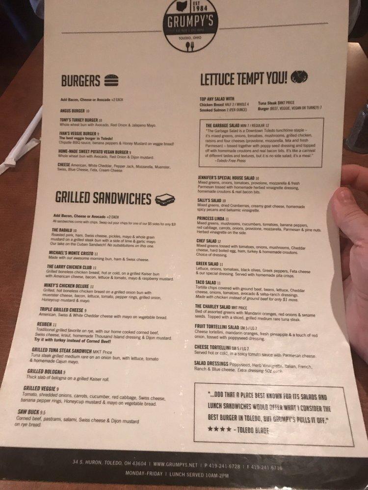 Menu at Grumpy's Toledo restaurant, Toledo