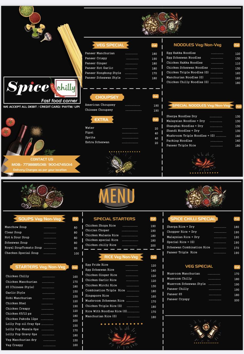 Menu at Spice chilly fast food corner, Mumbai