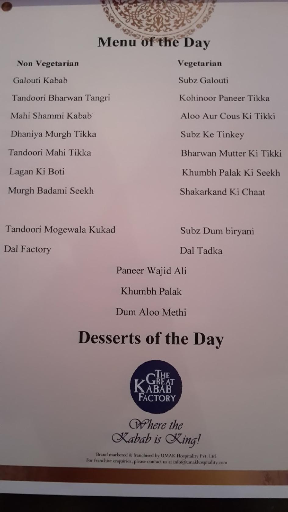 Menu at The Great Kabab Factory, Ahmedabad, Radisson Blu Hotel