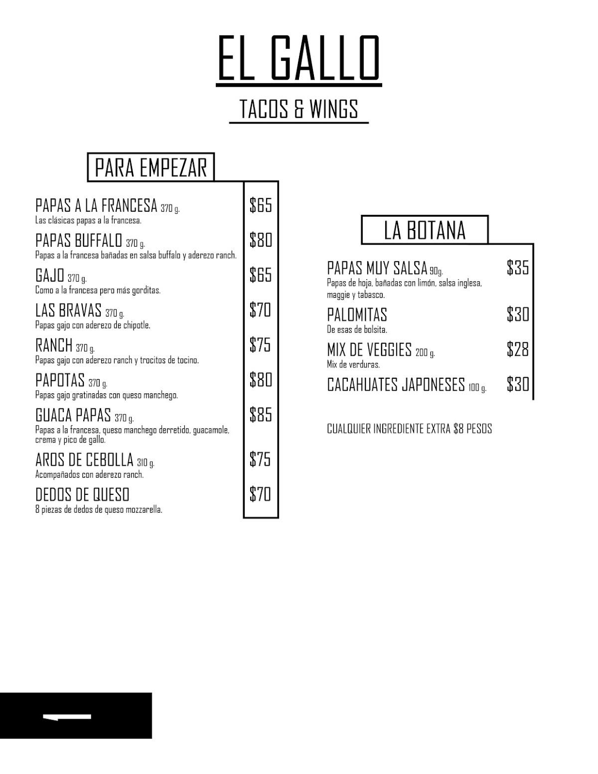 Menu at El Gallo tacos and Wings restaurant, Mexico
