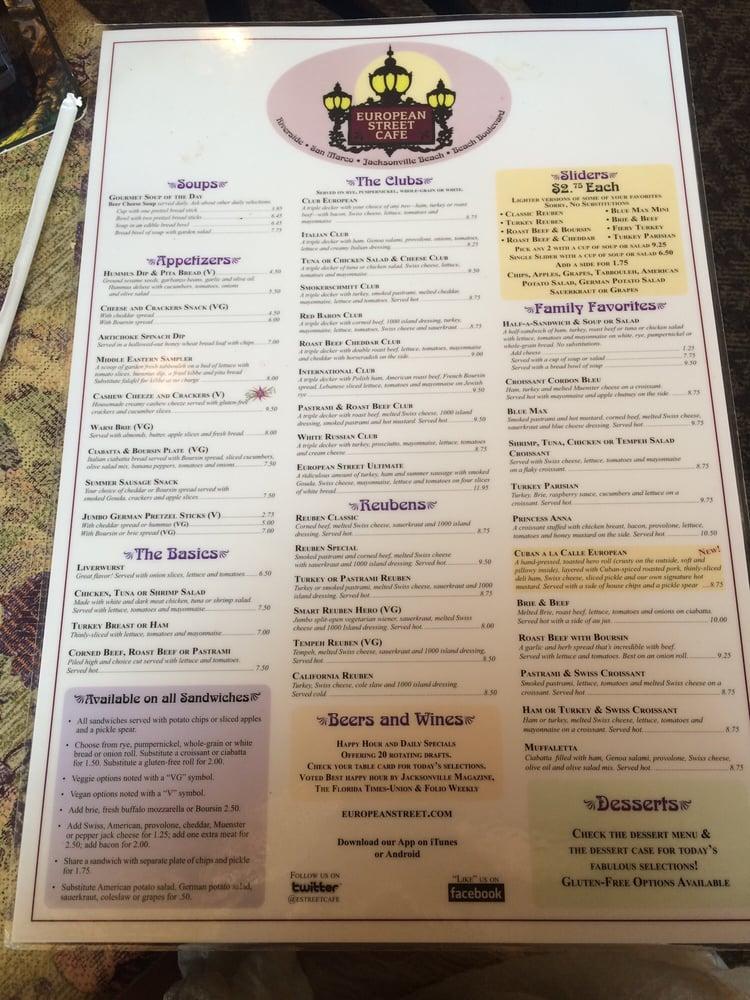 Menu at European Street Cafe, Jacksonville, San Marco Blvd