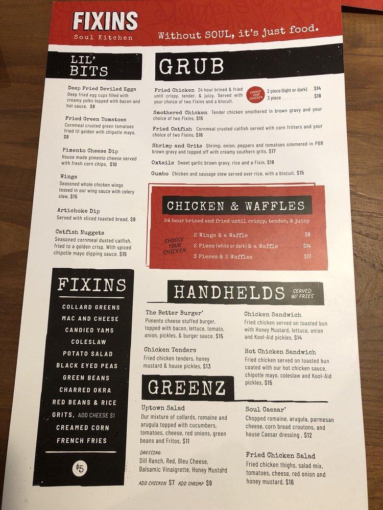 Carta del pub y bar Fixins Soul Kitchen, Sacramento
