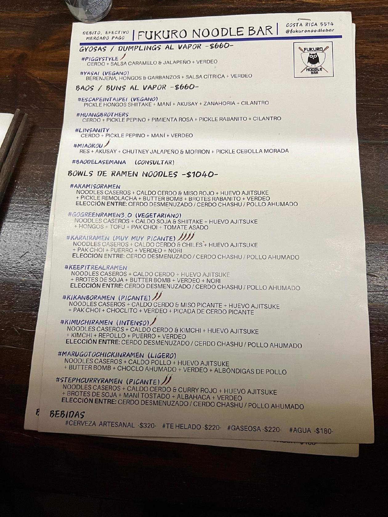 Carta de Fukuro Noodle Bar, Buenos Aires