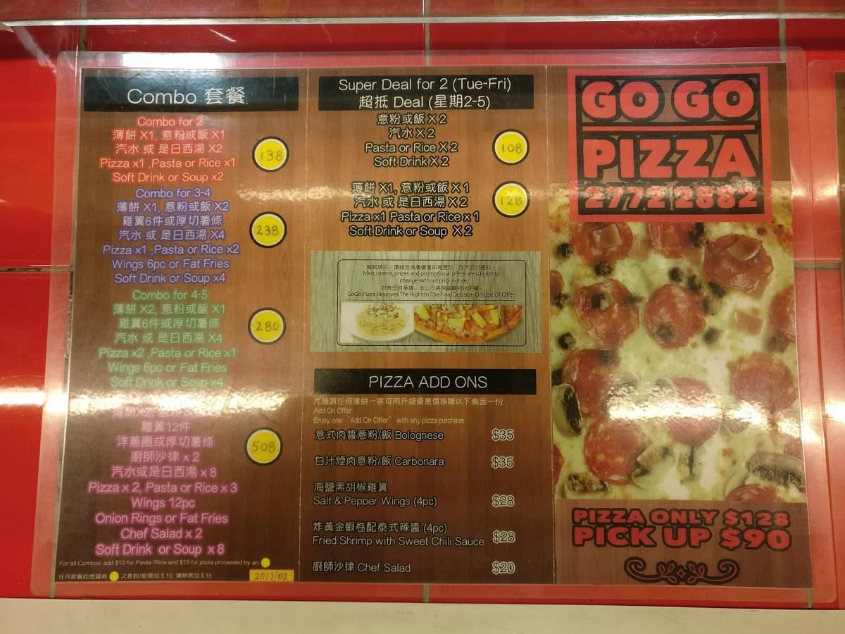 Menu at Go Go Pizza restaurant, Hong Kong