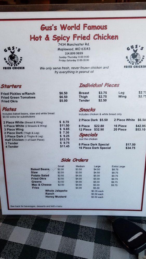 Menu at Gus’s World Famous Fried Chicken restaurant, Maplewood