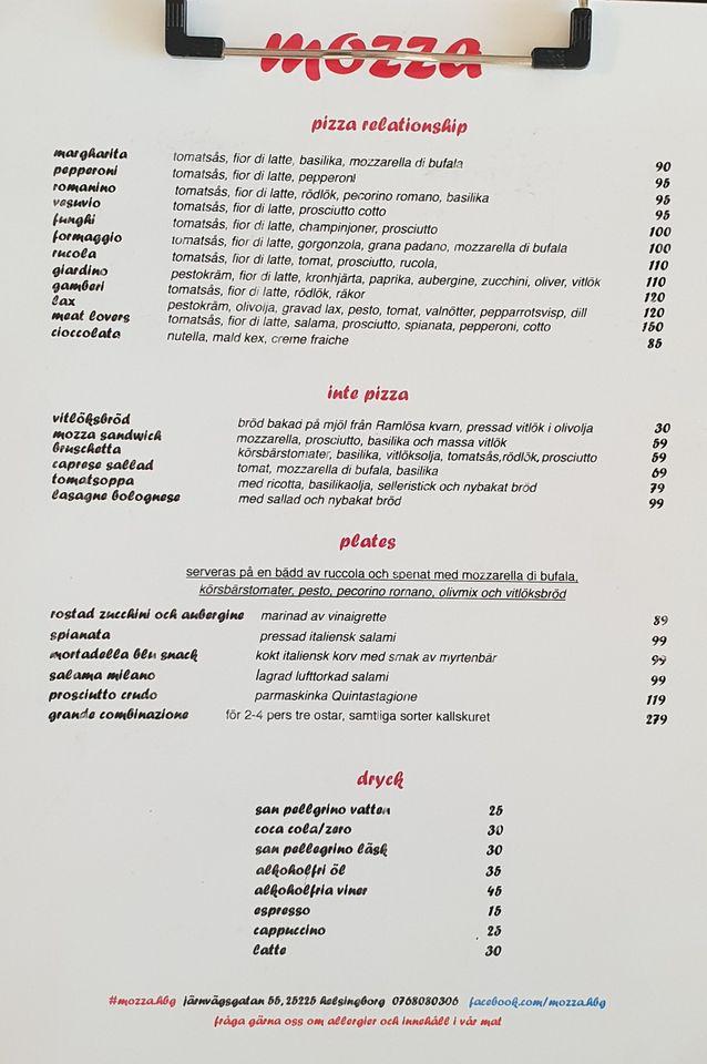Menu at Mozza restaurant, Helsingborg