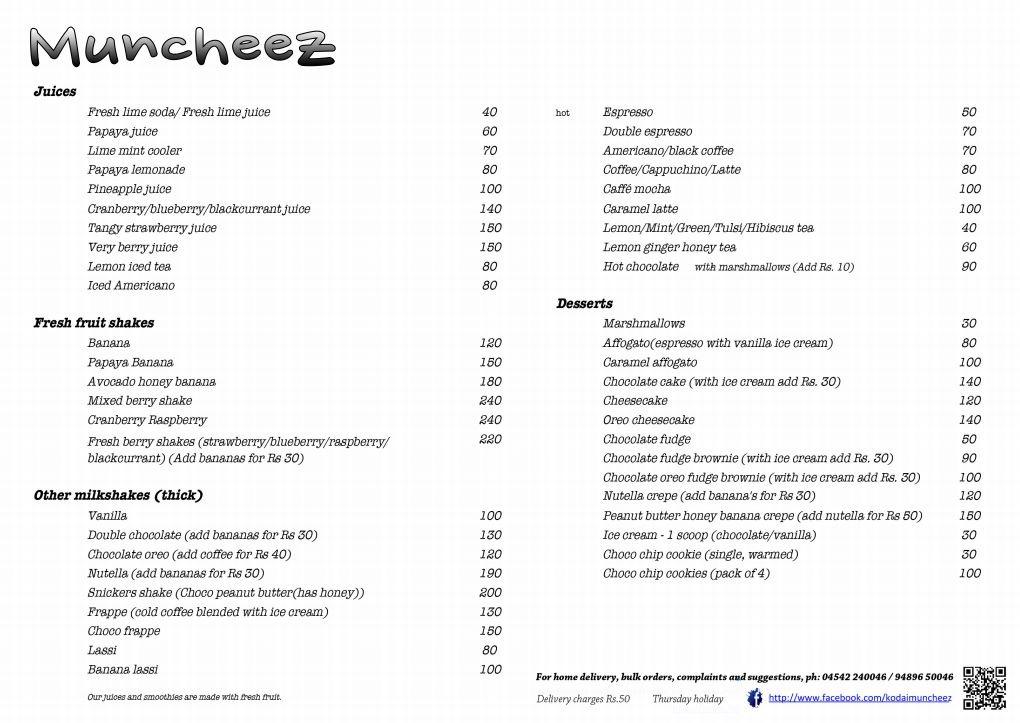 Menu at Muncheez, Kodaikanal