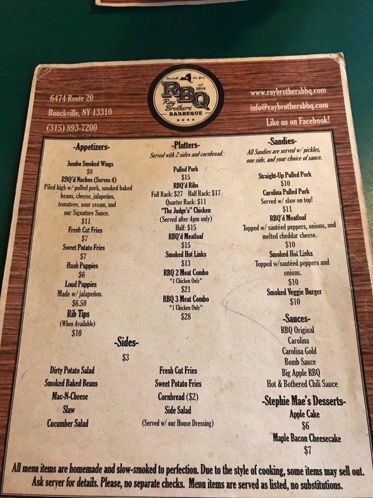 Menu at Ray Brothers BBQ, Bouckville