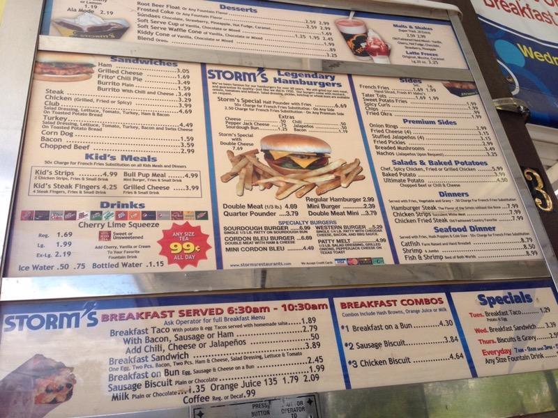 Menu at Storm's Drive-in Burnet restaurant, Burnet
