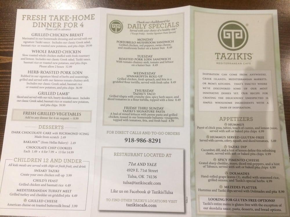 Menu at Taziki's Mediterranean Cafe - 71st and Yale, Tulsa, E 71st St