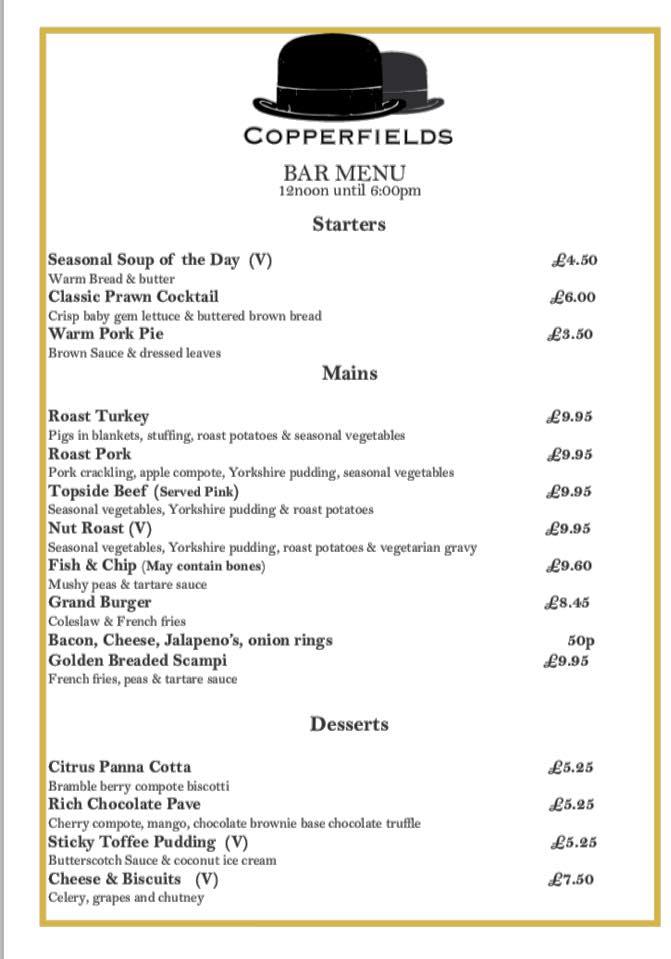 Menu at Copperfields Tynemouth pub & bar, North Shields