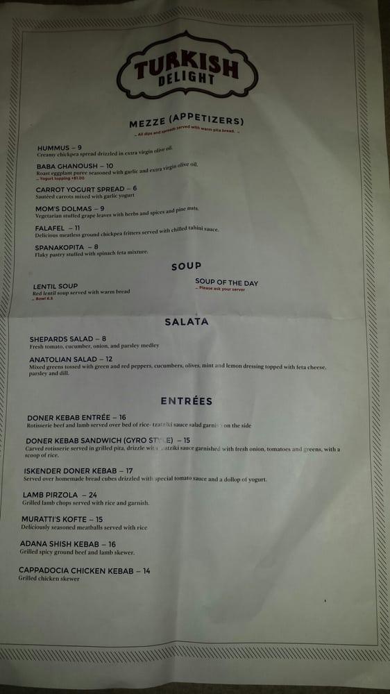 Menu at Turkish Delight restaurant, Anchorage