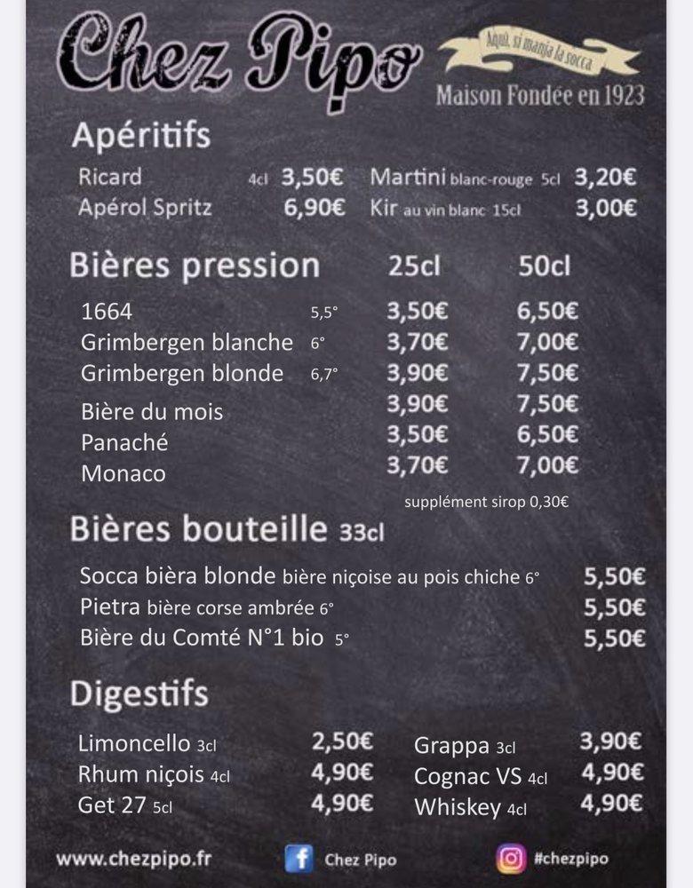 Menu at Chez Pipo restaurant, Nice, 13 Rue Bavastro