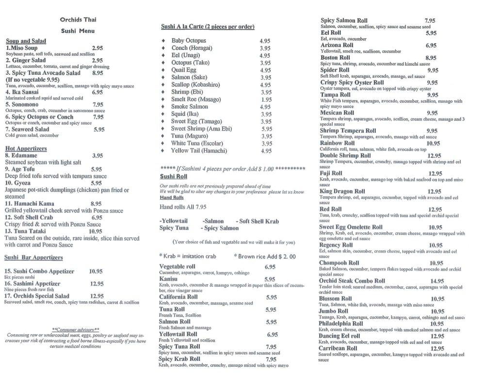 Menu at Orchids Thai Restaurant, Port Richey