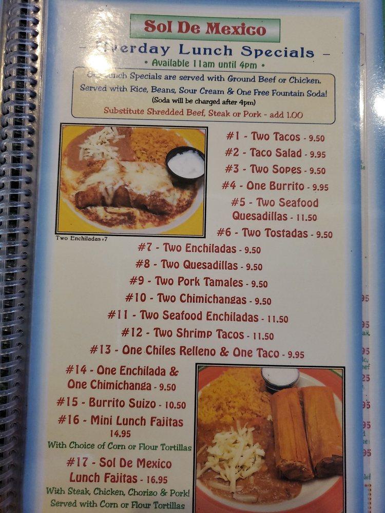 Menu at Sol De Mexico restaurant, Wind Lake