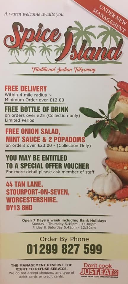Menu at Spice Island fast food, Stourport-on-Severn