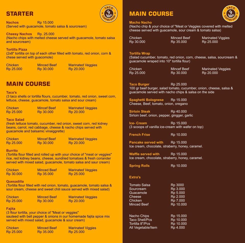 Menu at Tako Tako restaurant, Mataram