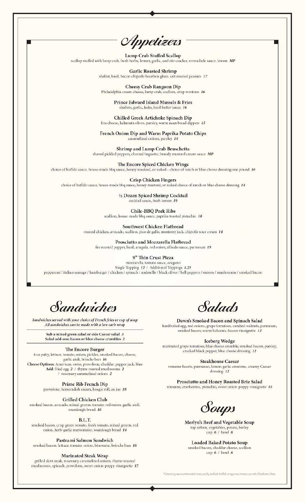 Menu at The Encore Lakeside Grill & Sky Bar, Lake Ozark